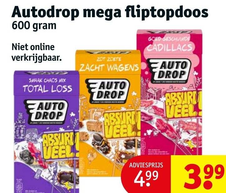 Autodrop mega fliptopdoos 600 gram aanbieding bij Kruidvat