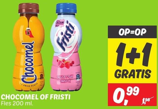 CHOCOMEL OF FRISTI 200ml 1+1 gratis aanbieding bij Dekamarkt
