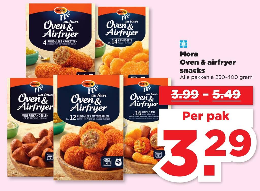 Mora oven & airfryer snacks per pak aanbieding bij PLUS