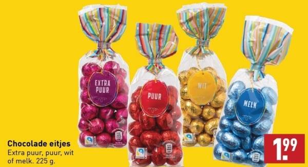 Chocolade eitjes. 225 g. aanbieding bij ALDI