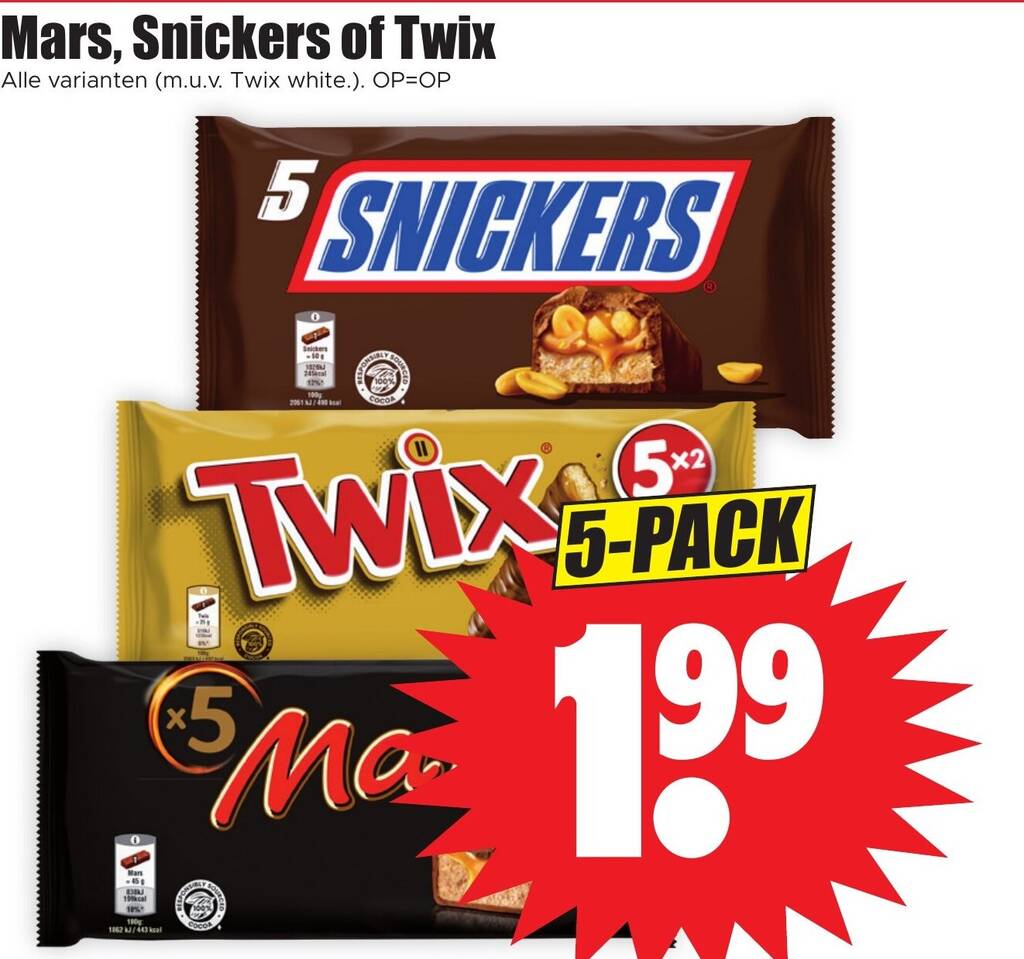 Mars, Snickers of Twix 5-pack aanbieding bij Dirk
