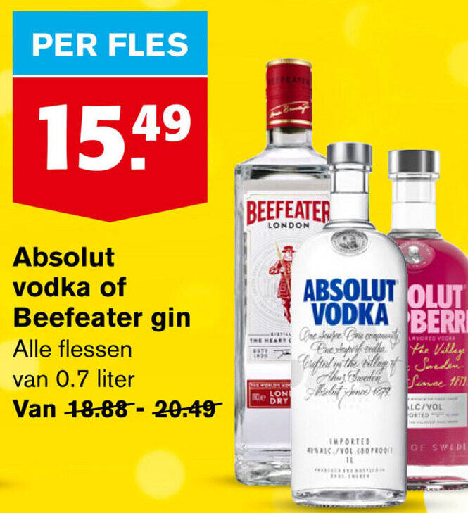 Absolut vodka of Beefeater gin 0.7 liter aanbieding bij Hoogvliet