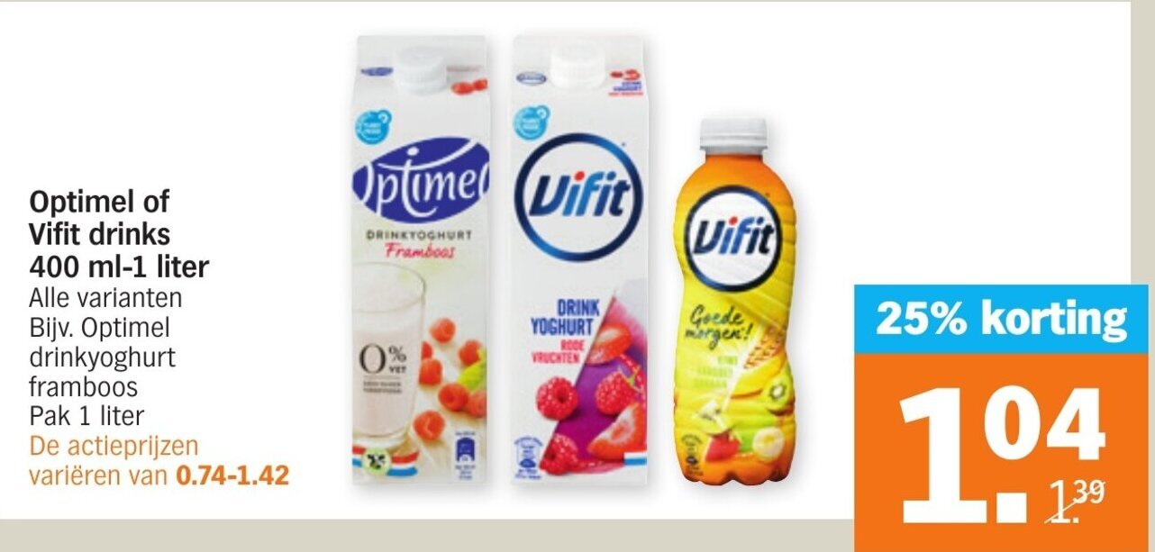 Optimel of Vifits drinks 400ml-1L aanbieding bij Albert Heijn