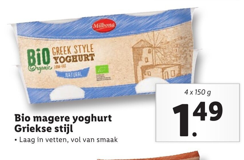 Bio magere yoghurt Griekse stijl 4 x 150g aanbieding bij Lidl