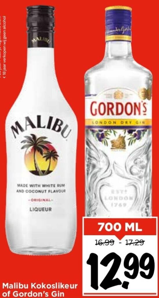 Malibu Kokoslikeur of Gordon's Gin 700ml aanbieding bij Vomar Voordeelmarkt