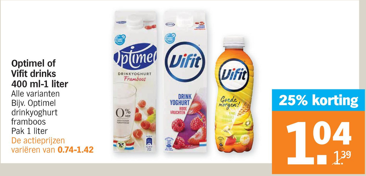 Optimel of Vifit drinks 400 ml-1 liter aanbieding bij Albert Heijn