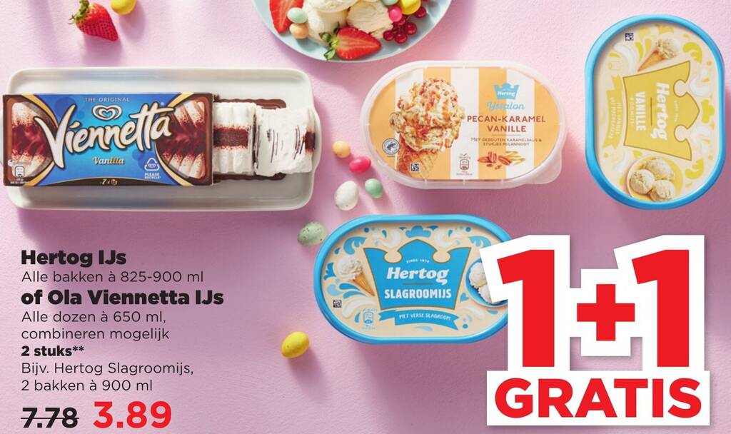 Hertog IJs of Ola Viennetta IJs 900ml 1+1 gratis aanbieding bij PLUS