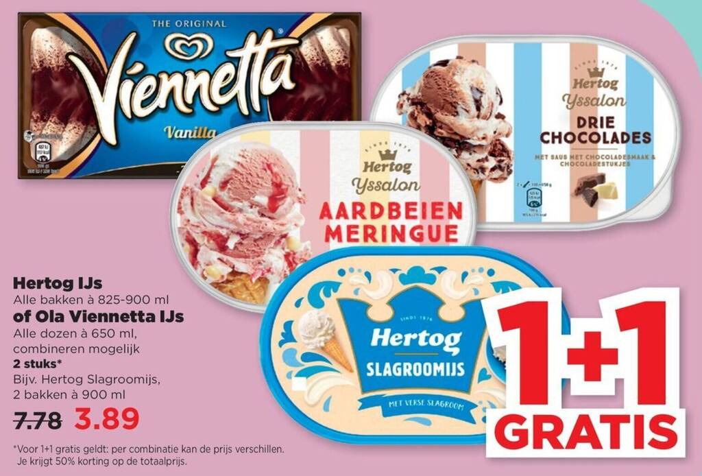 Hertog IJs of Ola Viennette IJs 1+1 gratis aanbieding bij PLUS