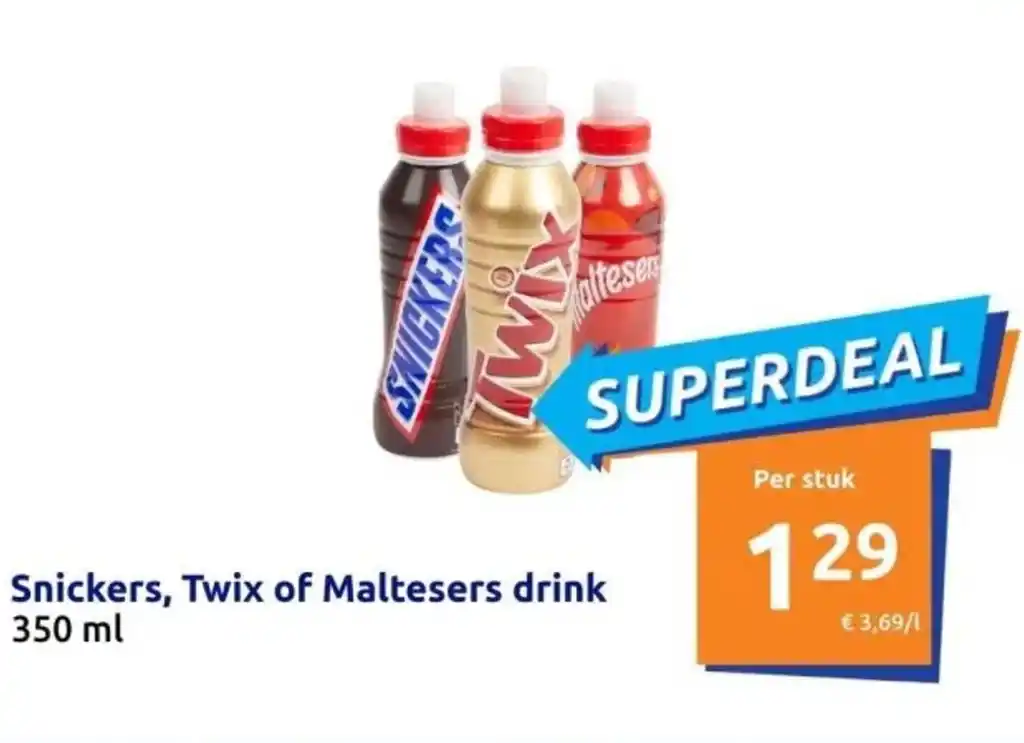Snickers, Twix of Maltesers drink 350ml aanbieding bij Action