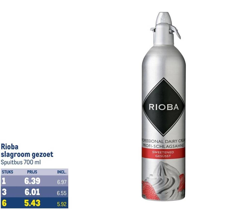 Rioba slagroom gezoet 700 ml aanbieding bij Makro