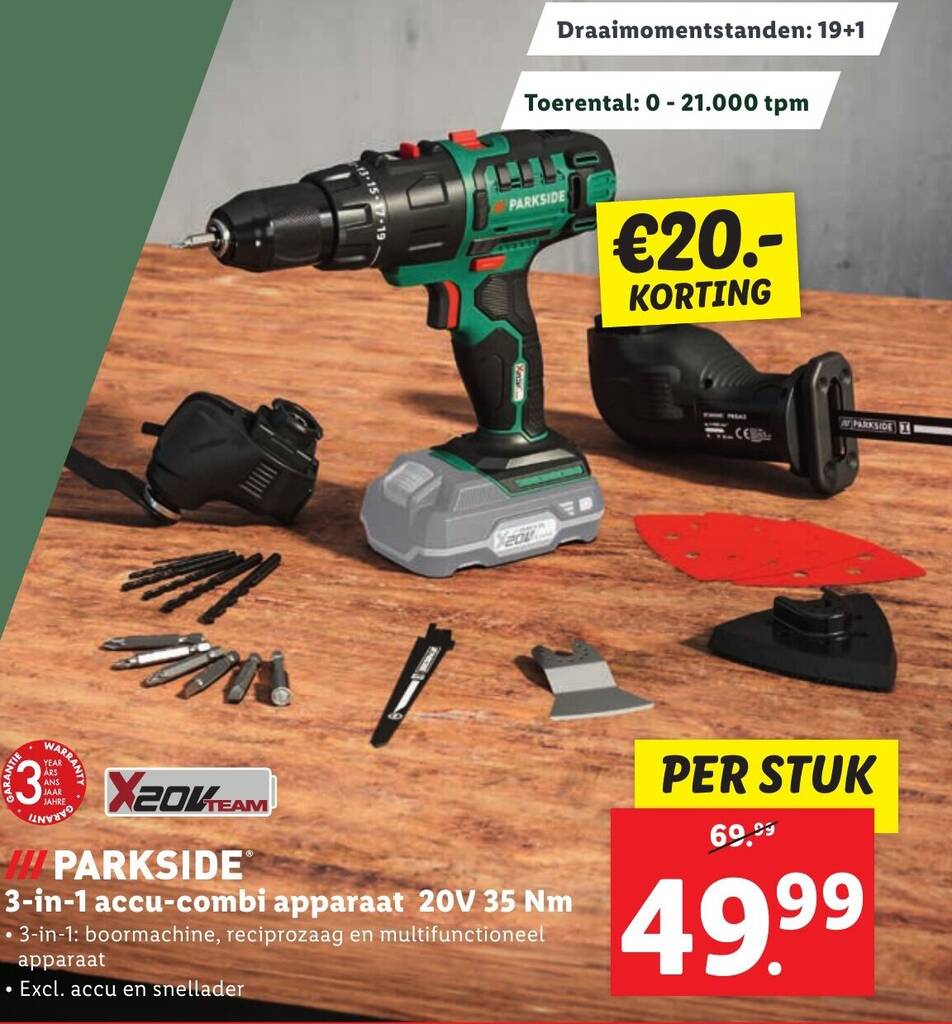 Parkside 3 in 1 accu combi apparaat 20v 35 nm per stuk aanbieding bij Lidl