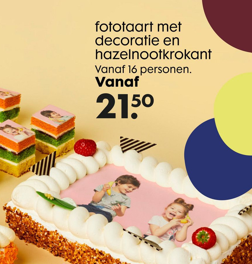 fototaart met decoratie en hazelnootkrokant aanbieding bij HEMA