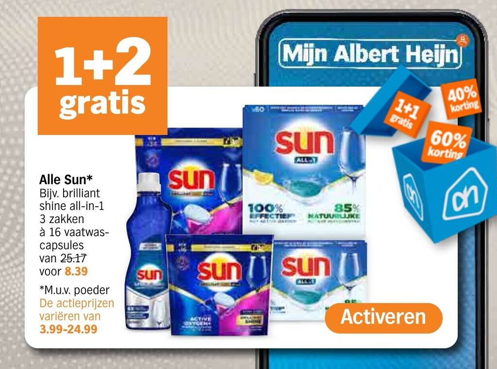 Alle sun 1+2 GRATIS aanbieding bij Albert Heijn