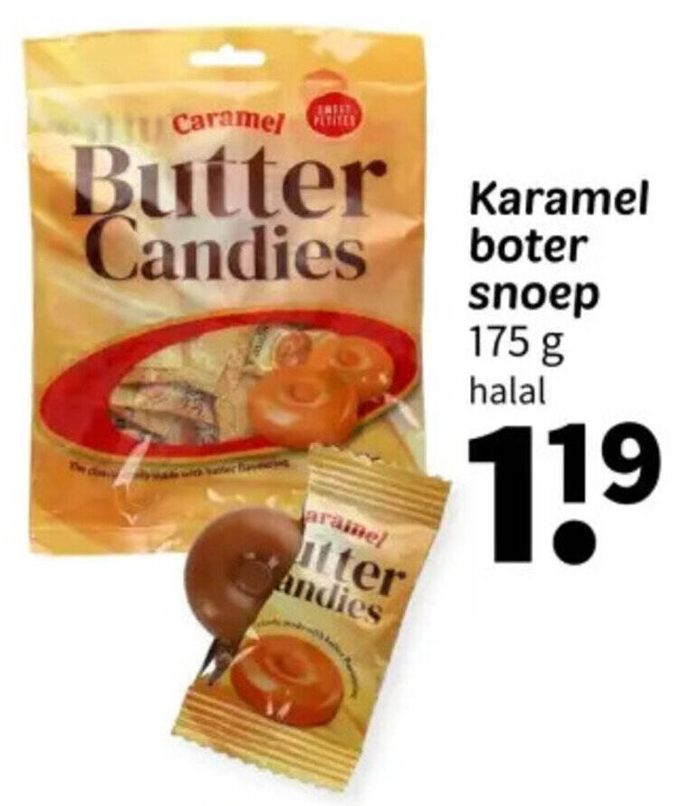 Karamel boter snoep 175 g aanbieding bij Wibra