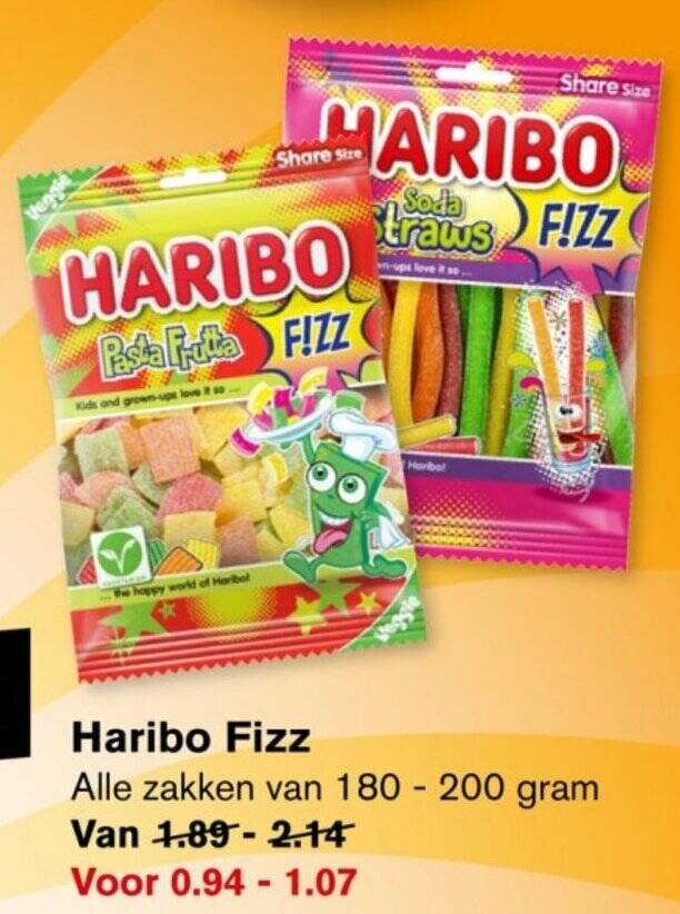 Haribo fizz 180 - 200 gram 180-200 gram aanbieding bij Hoogvliet