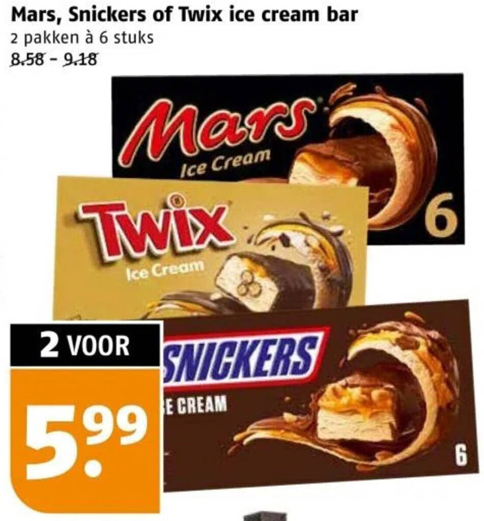 Mars, Snickers of Twix ice cream bar aanbieding bij Poiesz