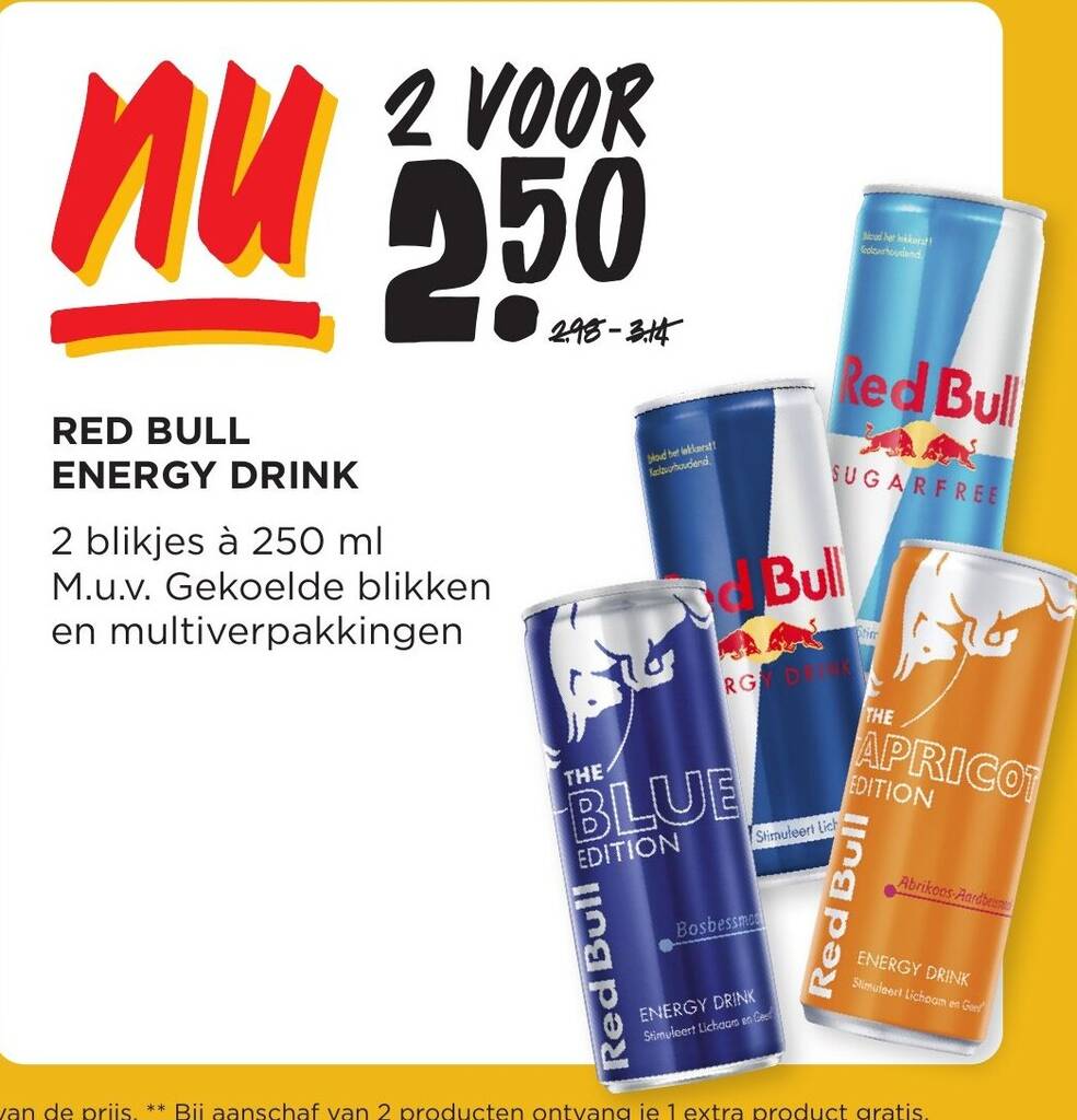 RED BULL ENERGY DRINK 2 blikjes à 250 ml aanbieding bij Jumbo
