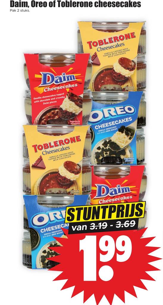 Daim oreo of toblerone cheesecakes aanbieding bij Dirk