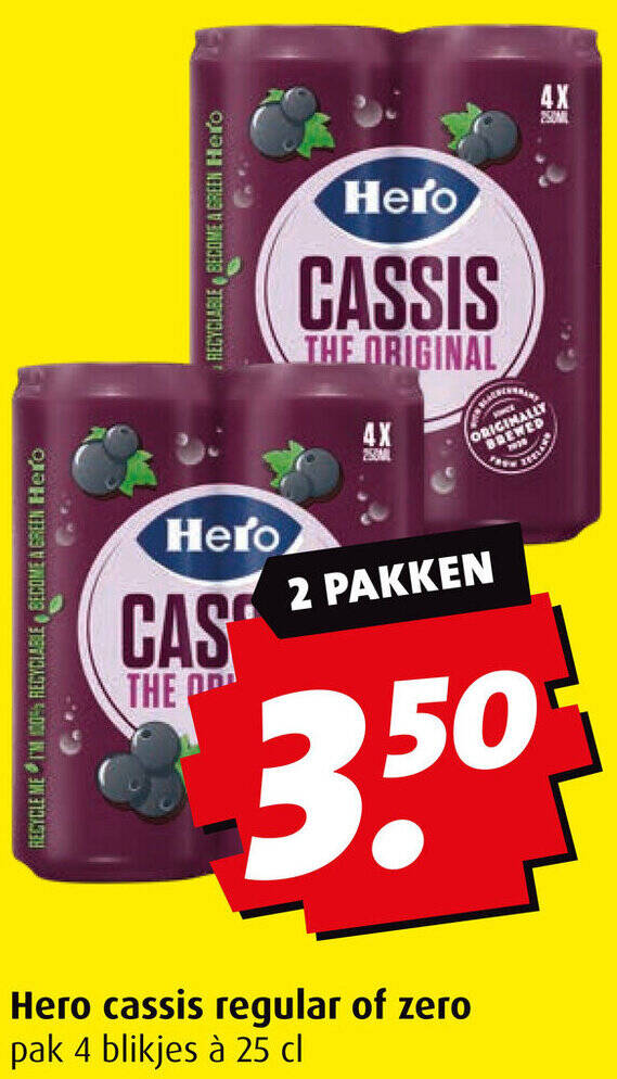 Hero cassis regular of zero 4 x 25 cl aanbieding bij Boni