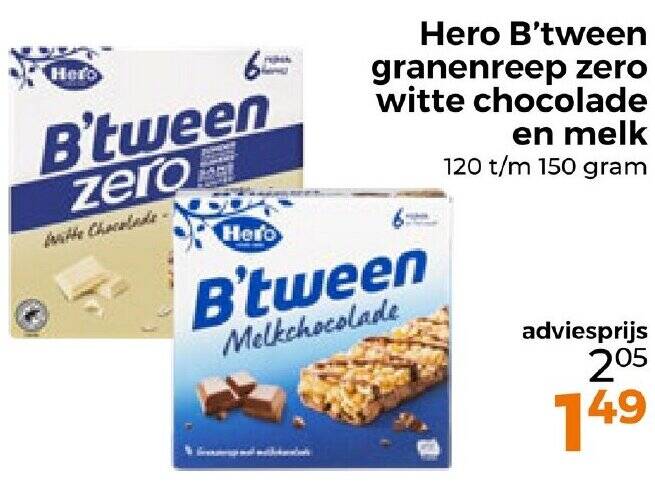 Hero B'tween granenreep zero witte chocolade en melk aanbieding bij ...