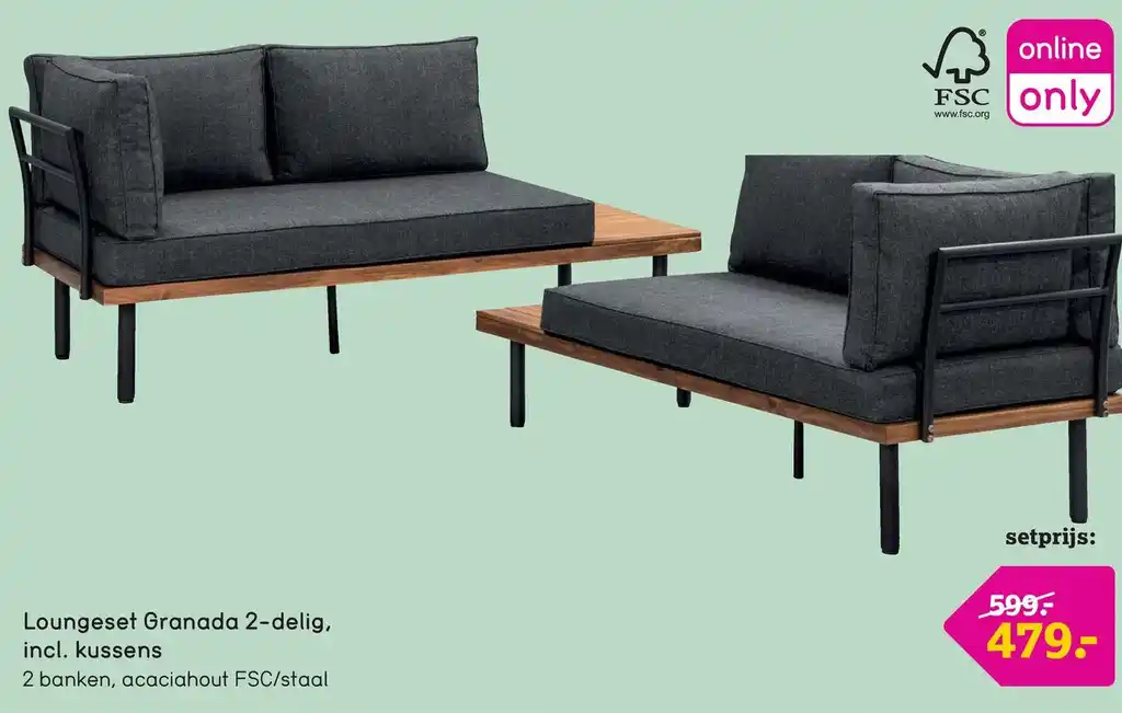 Loungeset Granada 2 delig, incl. kussens aanbieding bij Leen Bakker