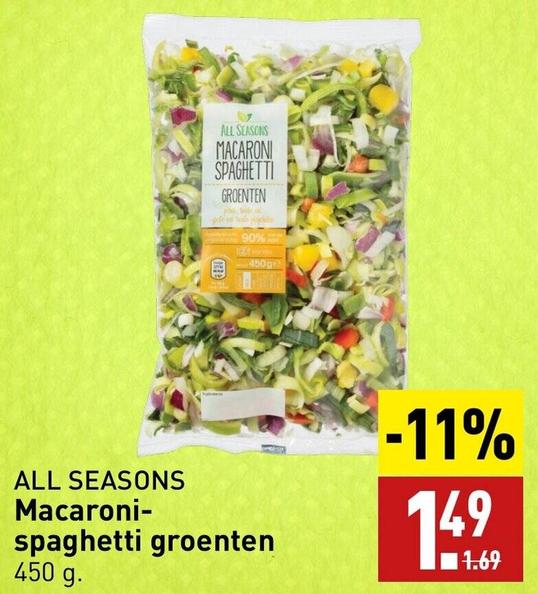 ALL SEASONS Macaroni spaghetti groenten 450 g. aanbieding bij ALDI