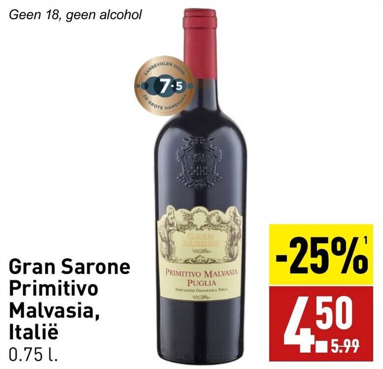 Gran Sarone Primitivo Malvasia, 0.75L aanbieding bij ALDI