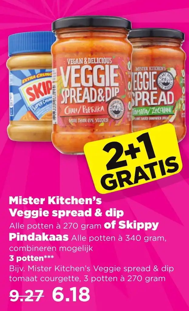 Mister Kitchen's Veggie spread & dip of Skippy Pindakaas aanbieding bij PLUS