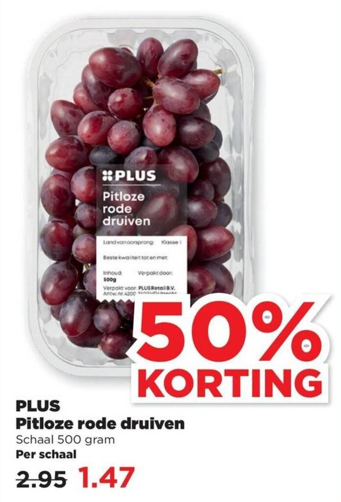 Pitloze rode druiven 500g aanbieding bij PLUS