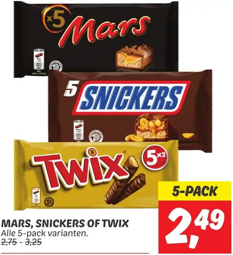 MARS, SNICKERS OF TWIX 5-PACK aanbieding bij Dekamarkt