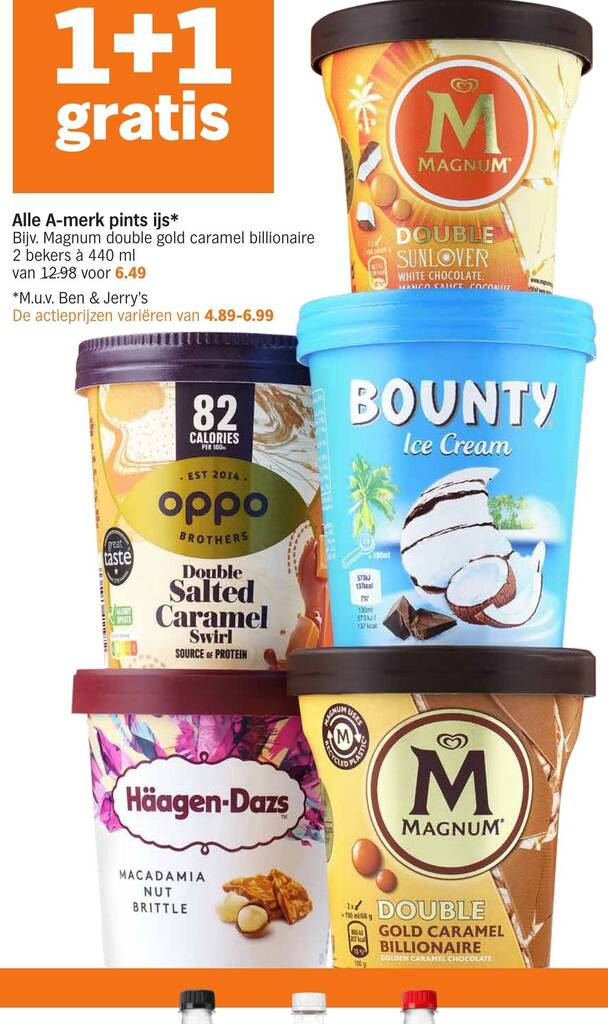 Alle A-merk pints ijs 1+1 gratis aanbieding bij Albert Heijn