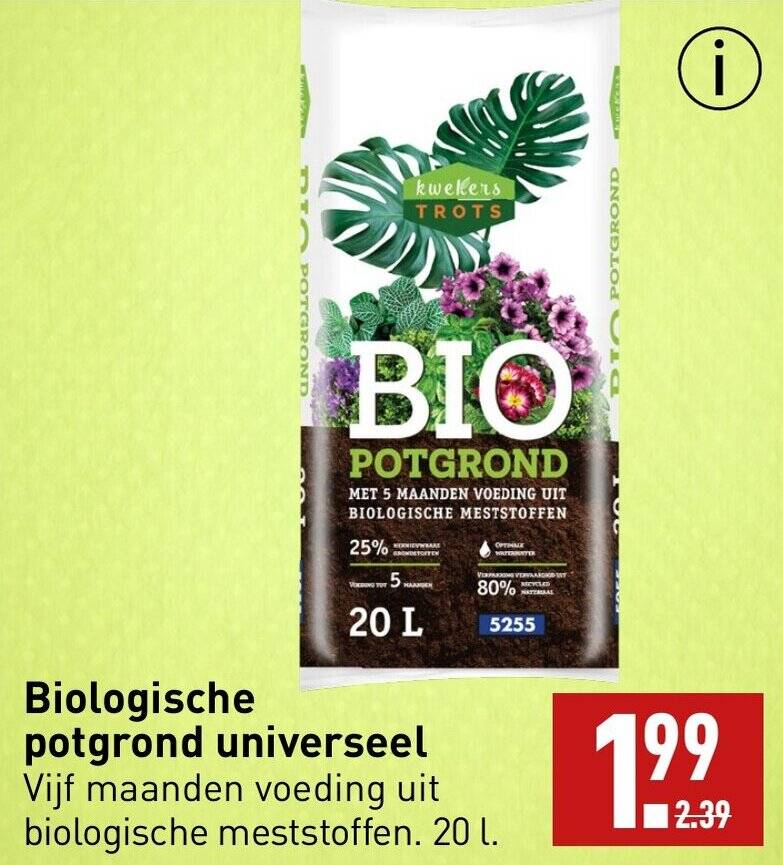 Biologische potgrond universeel 20L aanbieding bij ALDI
