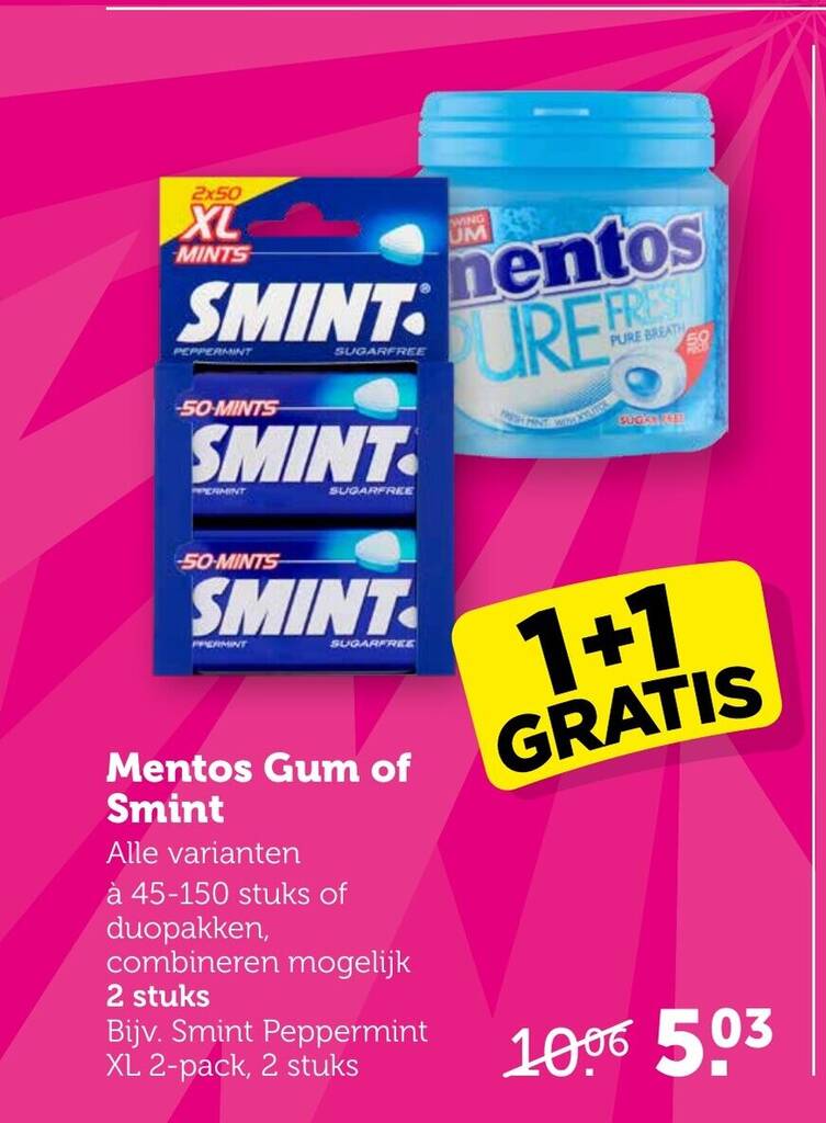 Mentos Gum of Smint 1+1 GRATIS aanbieding bij Coop