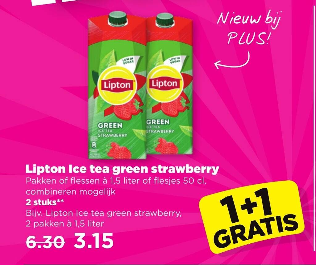 Lipton Ice tea green strawberry 1.5 liter 1+1 GRATIS aanbieding bij PLUS