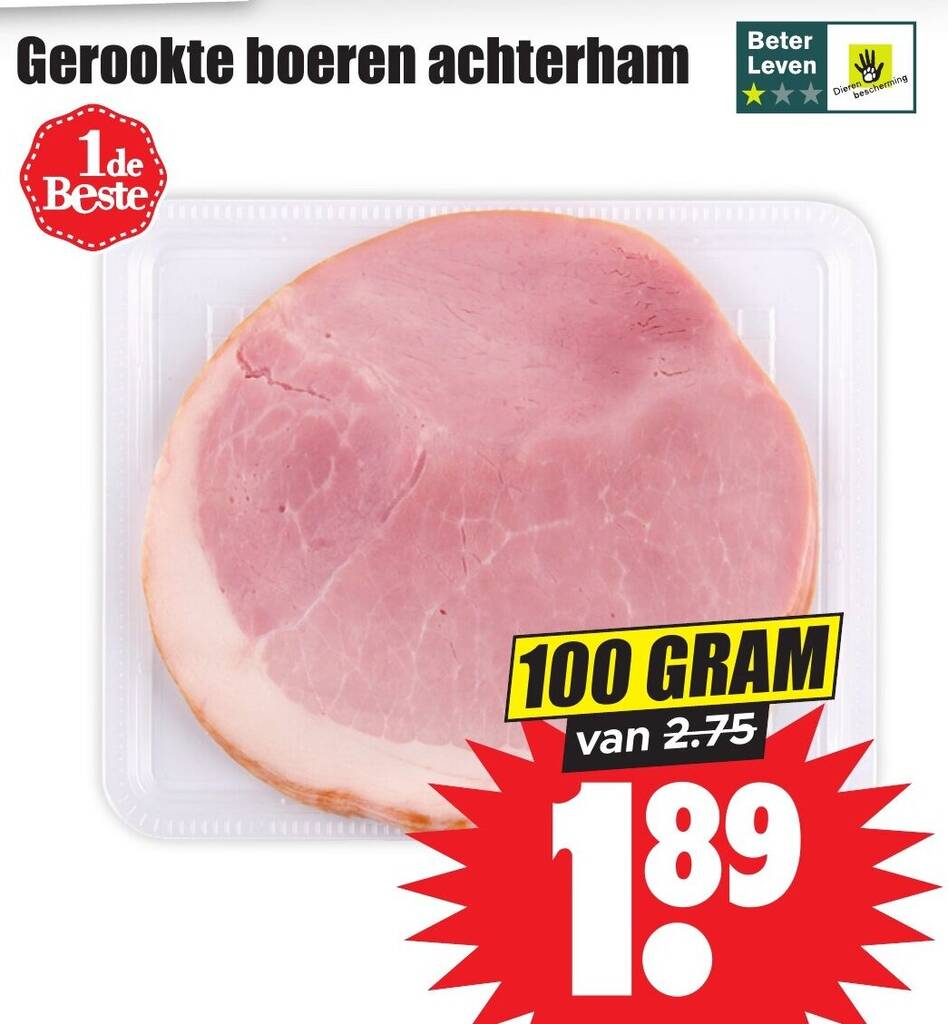 Gerookte boeren achterham 100 gram aanbieding bij Dirk
