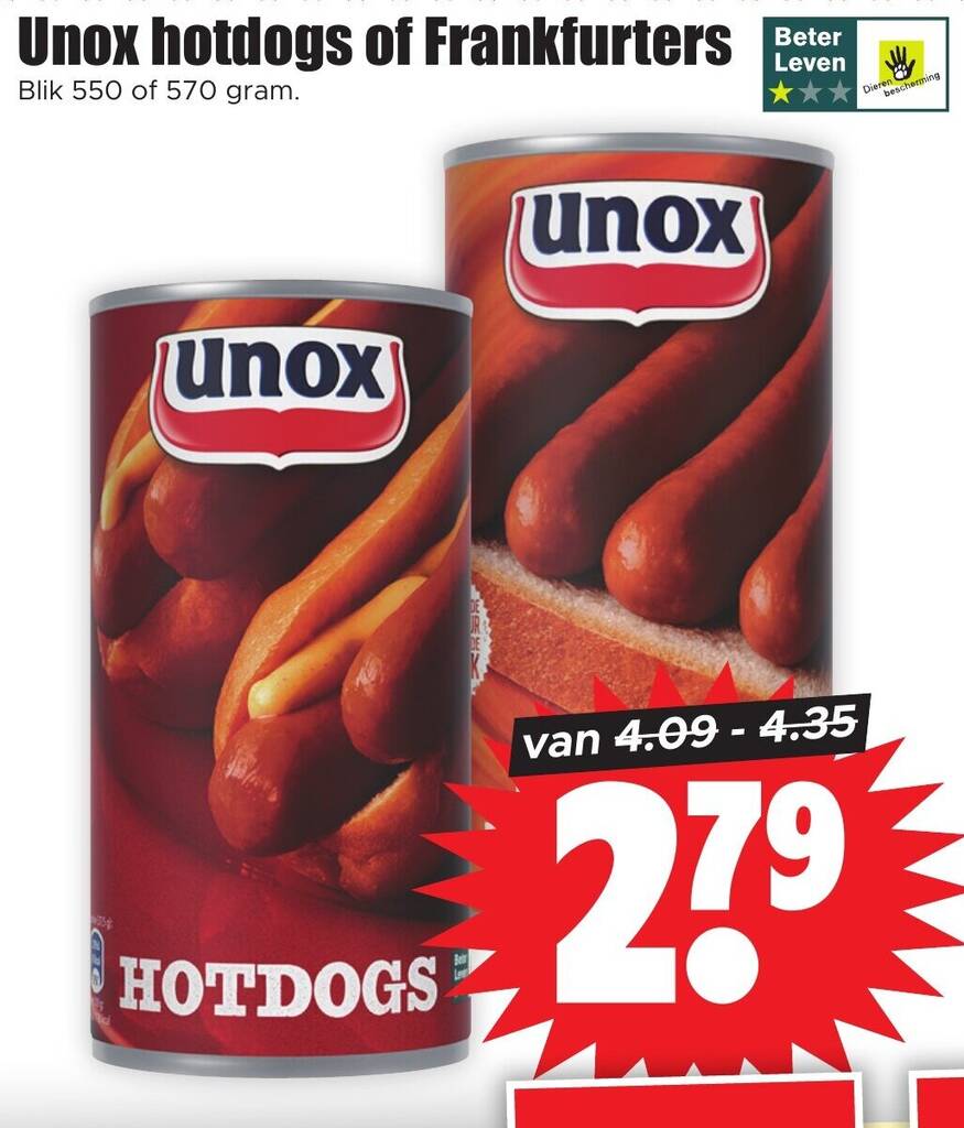 Unox hotdogs of Frankfurters Blik 550 of 570 gram aanbieding bij Dirk