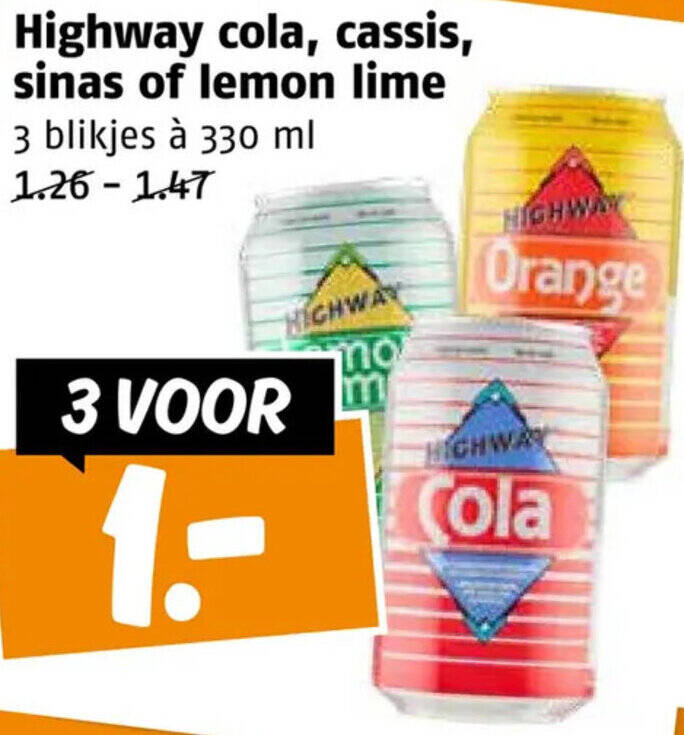 Highway cola, cassis, sinas of lemon lime 3 x 330 ml aanbieding bij Poiesz
