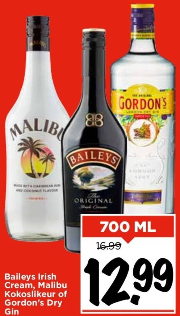 Baileys Irish Cream, Malibu Kokoslikeur of Gordon's Dry Gin 700ml ...