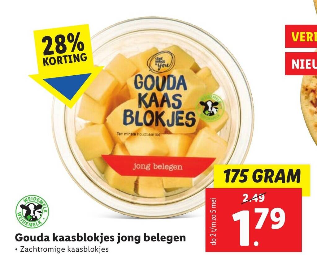 Gouda kaasblokjes jong belegen 175 GRAM aanbieding bij Lidl
