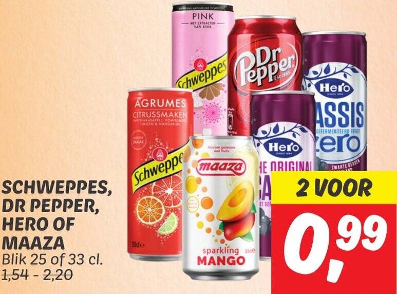 SCHWEPPES, DR PEPPER, HERO OF MAAZA aanbieding bij Dekamarkt