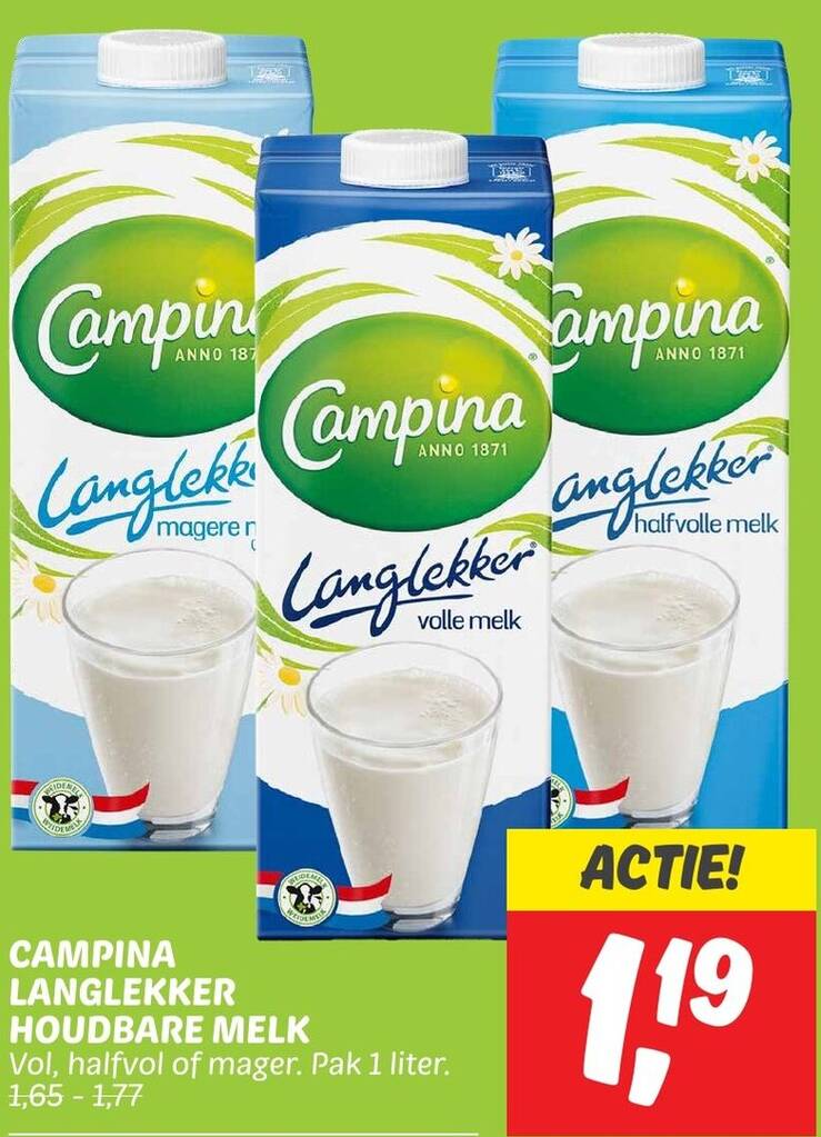 CAMPINA LANGLEKKER HOUDBARE MELK 1L aanbieding bij Dekamarkt