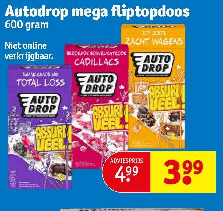 Autodrop mega fliptopdoos 600 gram aanbieding bij Kruidvat