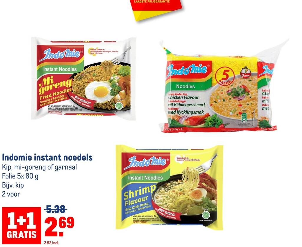 Indomie instant noedels 1+1 gratis aanbieding bij Makro