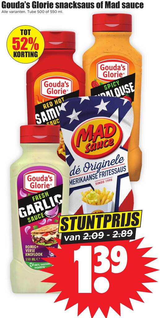 Goudas glorie snacksaus of mad sauce aanbieding bij Dirk