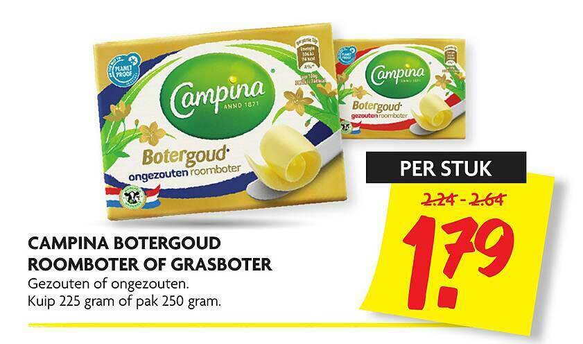 Campina botergoud roomboter of grasboter aanbieding bij Dekamarkt