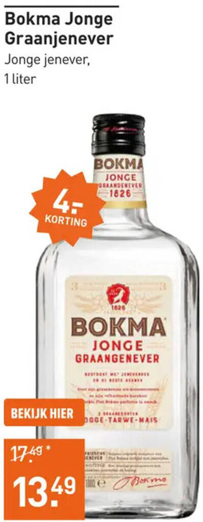 Bokma Jonge Graanjenever Jonge jenever, 1 liter aanbieding bij Gall & Gall