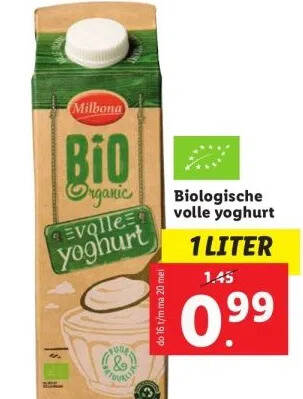 Biologische volle yoghurt aanbieding bij Lidl