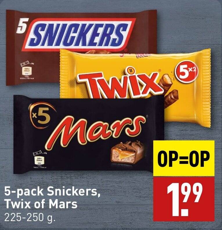 5 pack snickers twix of mars 225 - 250g 5-PACK aanbieding bij ALDI