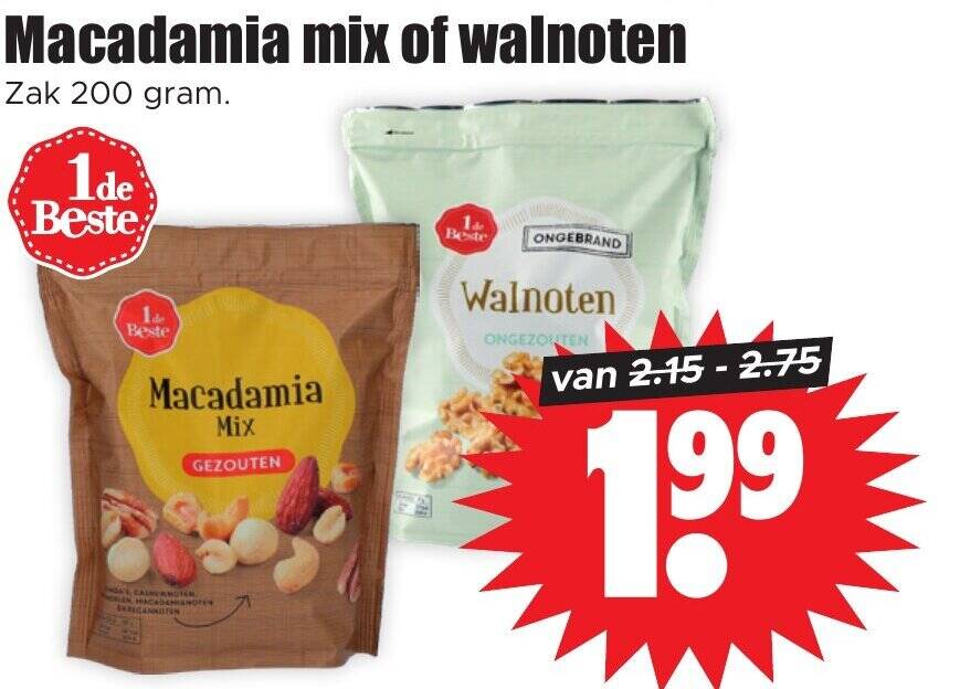 Macadamia mix of walnoten 200 gram aanbieding bij Dirk