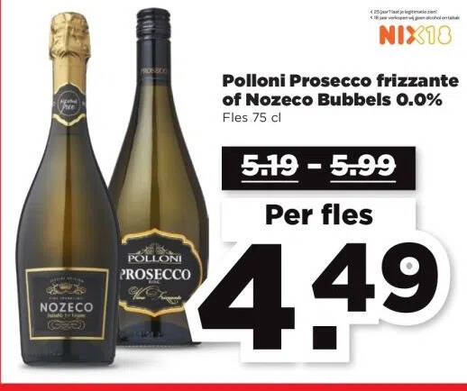 Polloni Prosecco frizzante of Nozeco Bubbels 0.0% aanbieding bij PLUS